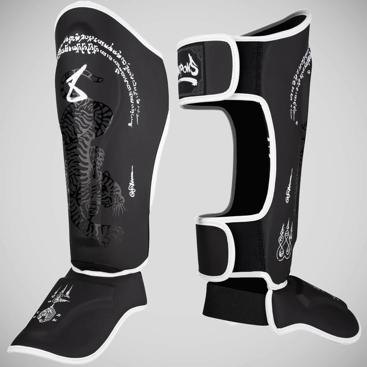 8 Weapons Sak Yant Big Tiger Shin Guards Black/Black from Made4Fighters