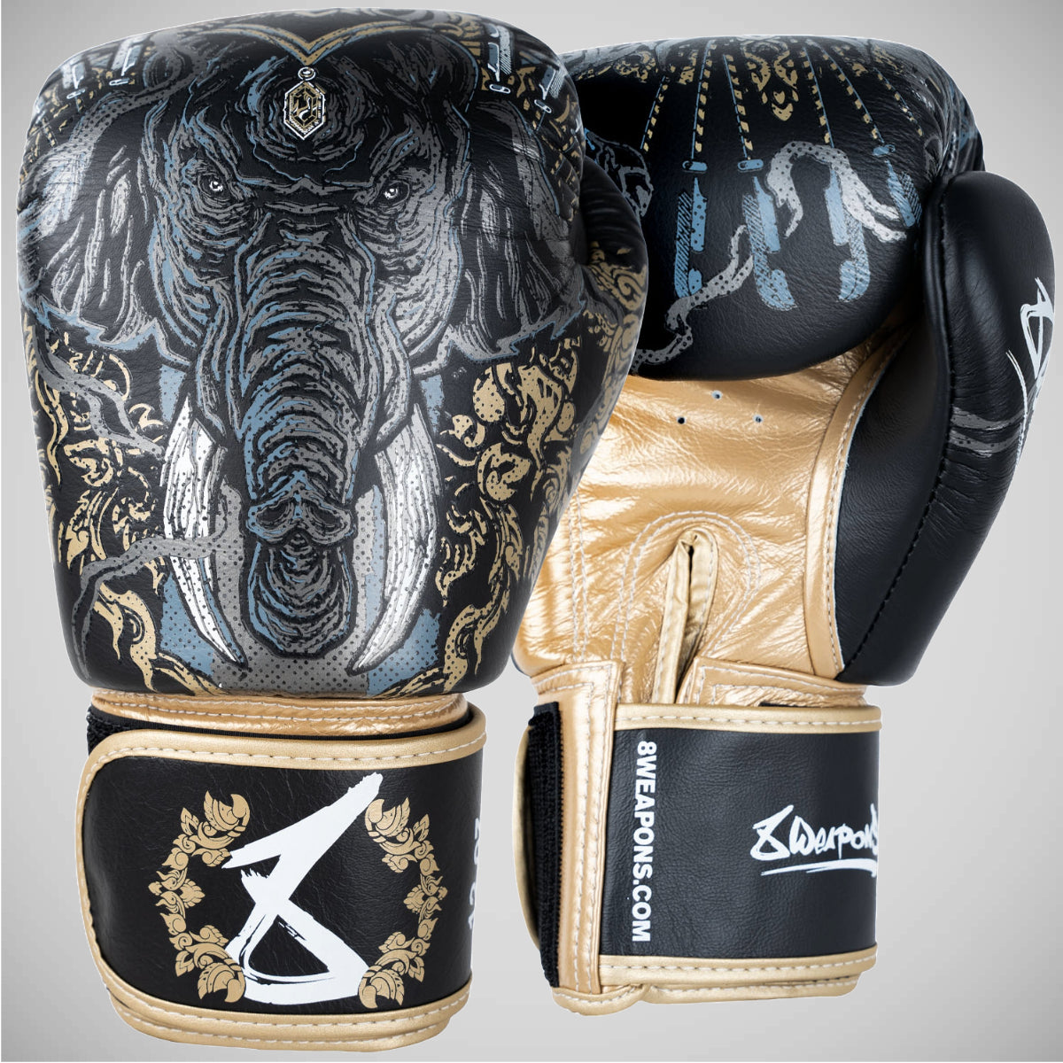 8 Weapons Three Elephants 2.0 Boxing Gloves Black/Gold from Made4Fighters