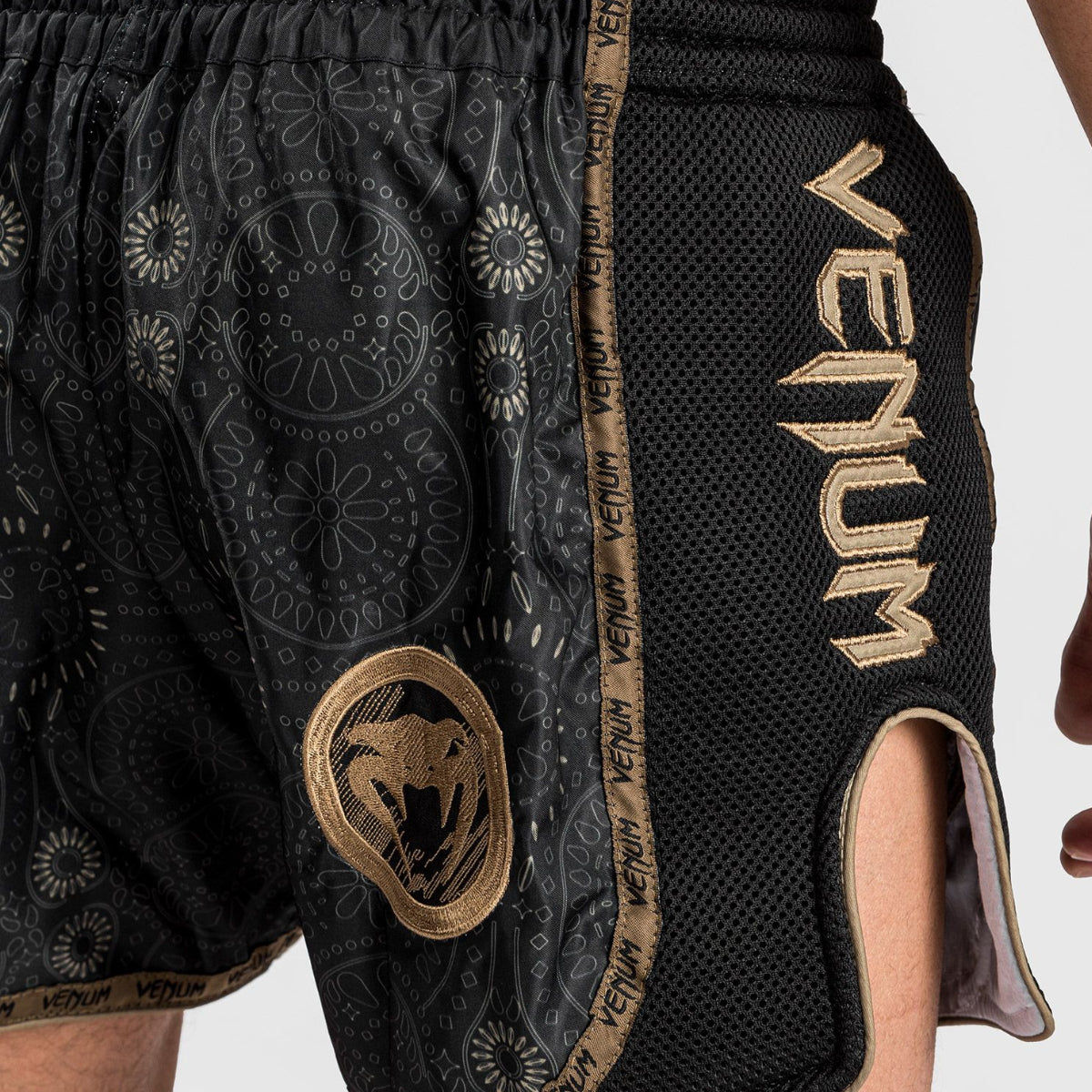 Black/Brown Venum Santa Muerte Dark Side Muay Thai Shorts from Made4Fighters