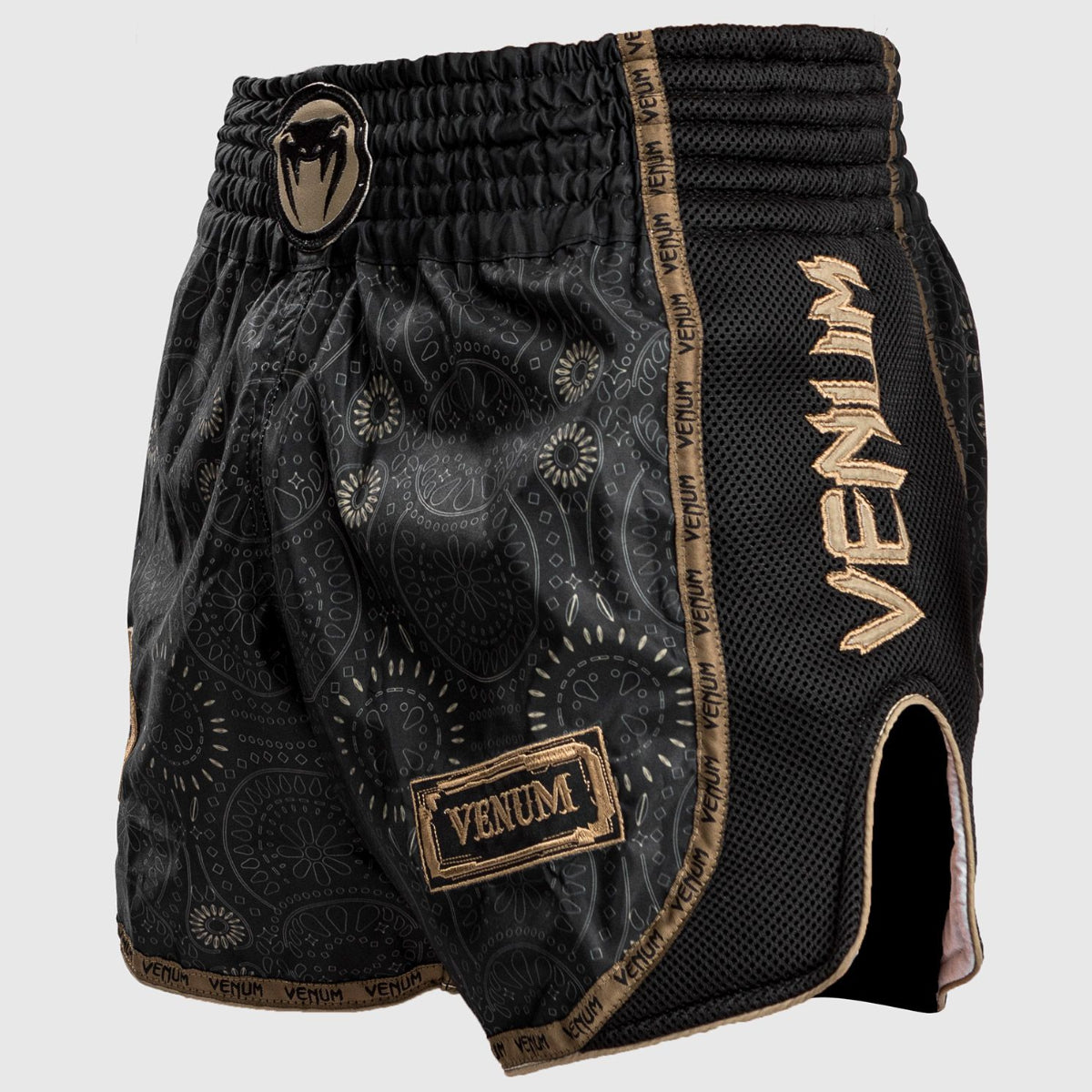 Black/Brown Venum Santa Muerte Dark Side Muay Thai Shorts from Made4Fighters
