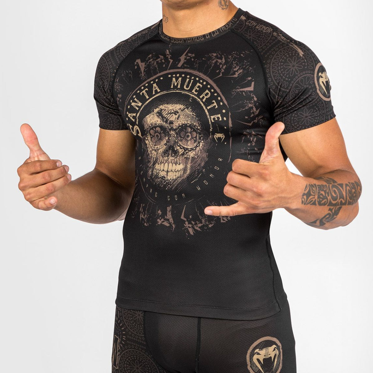 Venum Santa Muerte Dark Side Short Sleeve Rash Guard Black/Brown from Made4Fighters