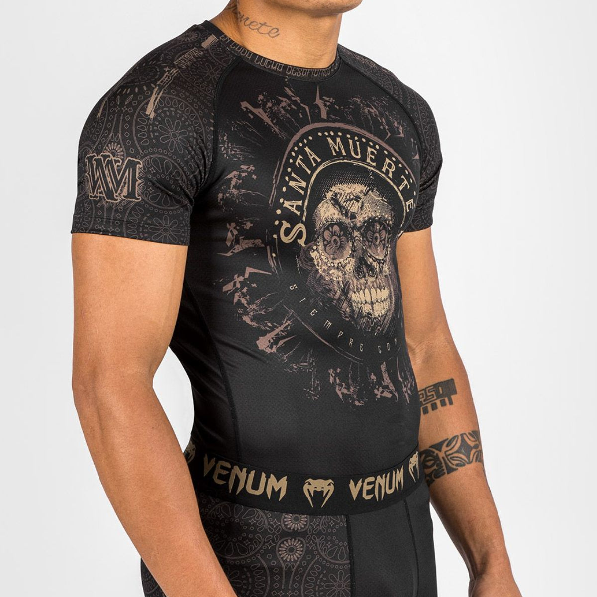 Venum Santa Muerte Dark Side Short Sleeve Rash Guard Black/Brown from Made4Fighters