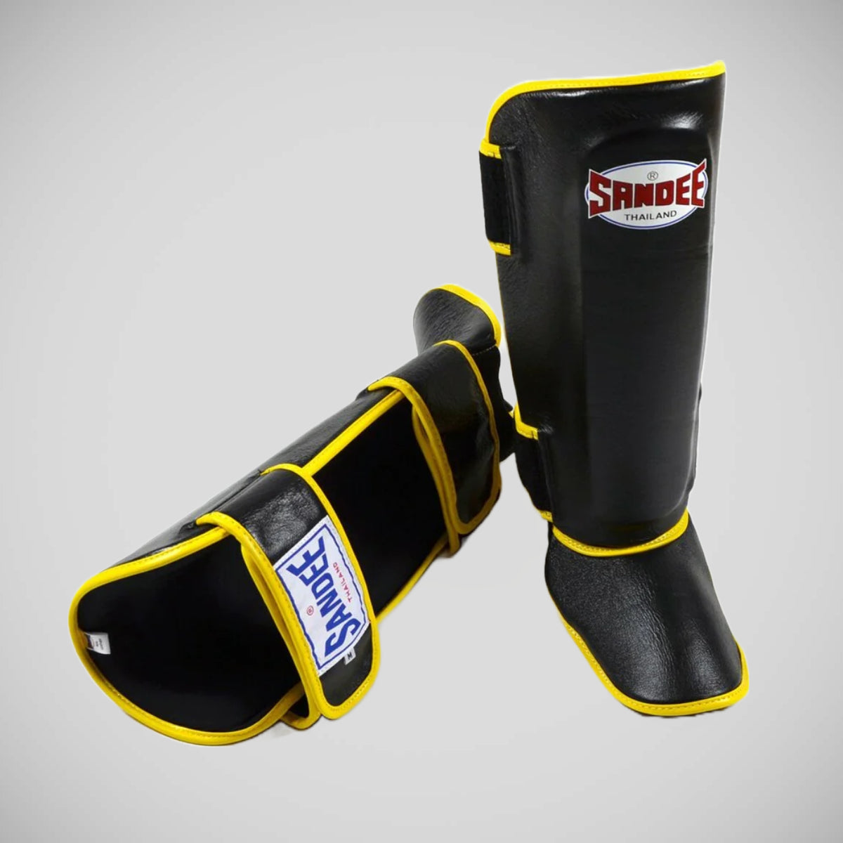Sandee Authentic Leather Shin Guards Black/Yellow from Made4Fighters