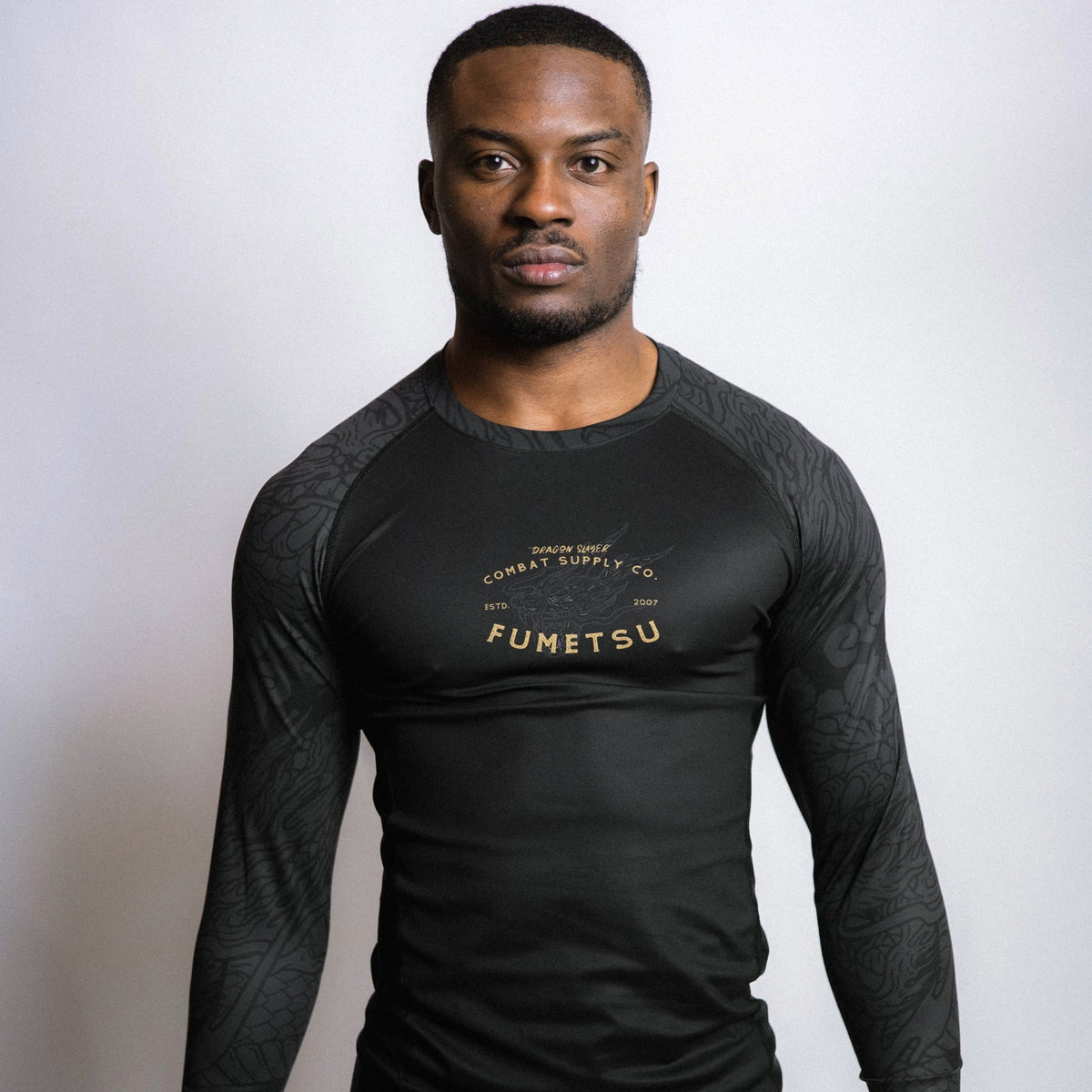 Fumetsu Dragon Slayer Long Sleeve Rash Guard Black/Gold from Made4Fighters