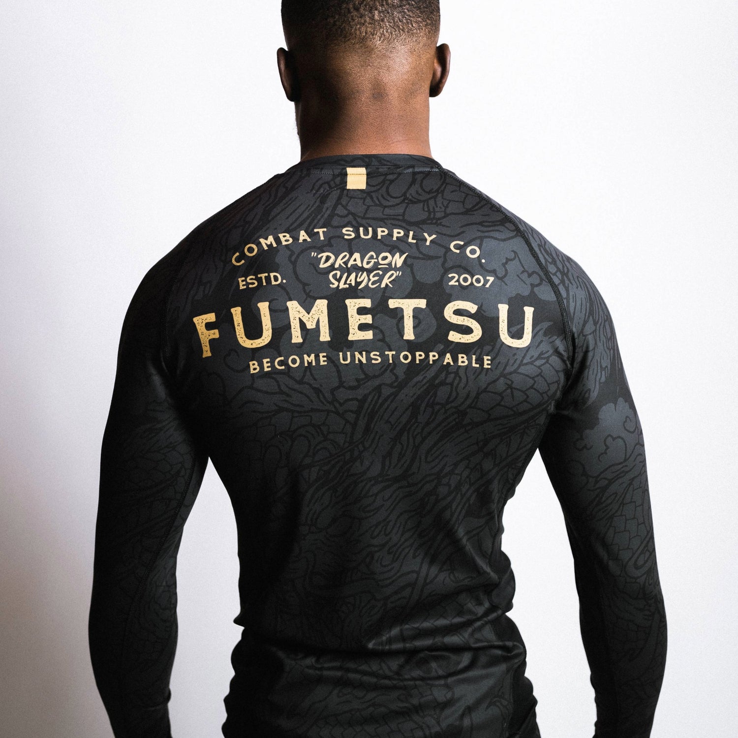 Fumetsu Dragon Slayer Long Sleeve Rash Guard Black/Gold from Made4Fighters