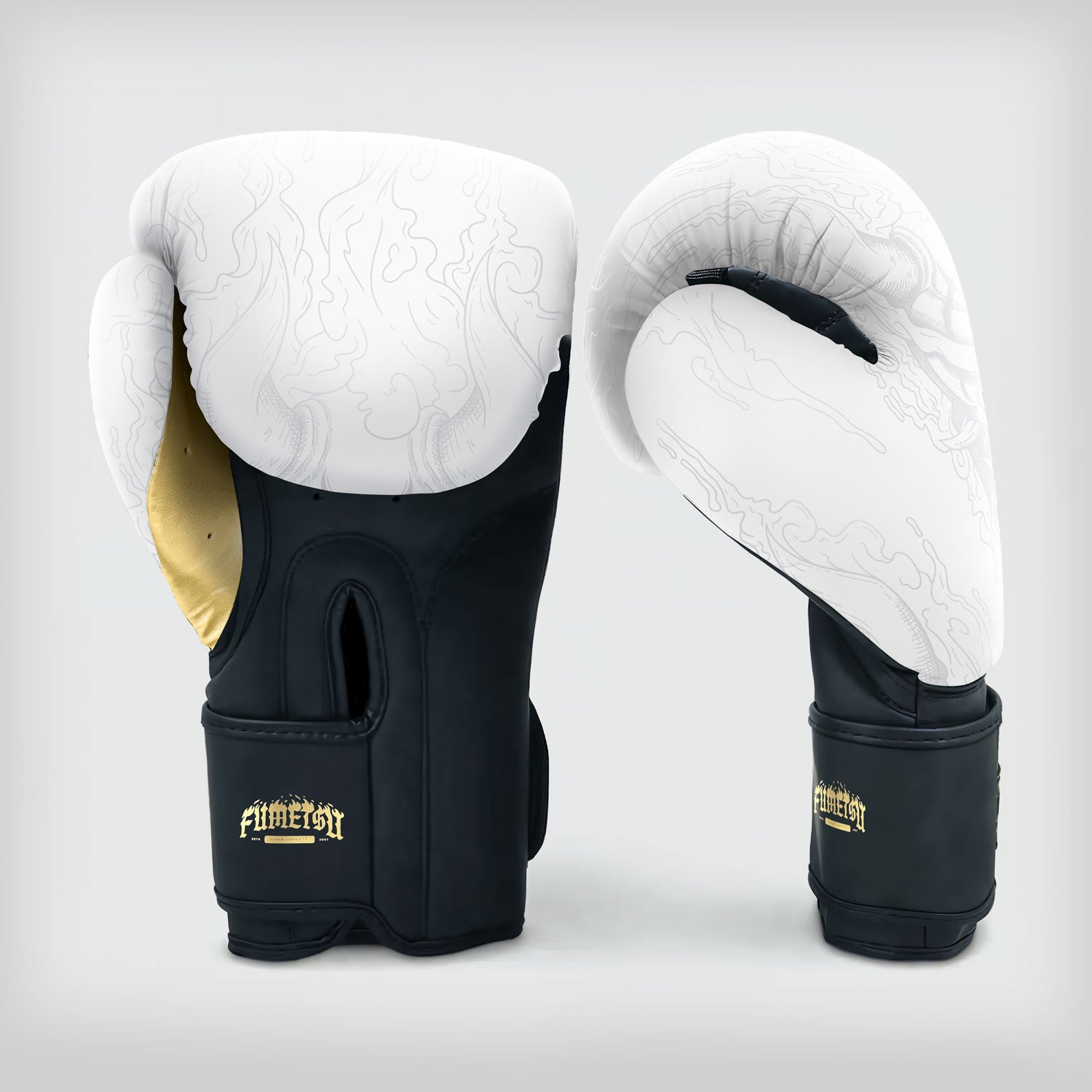 Fumetsu Oni Boxing Gloves White/Black/Gold from Made4Fighters