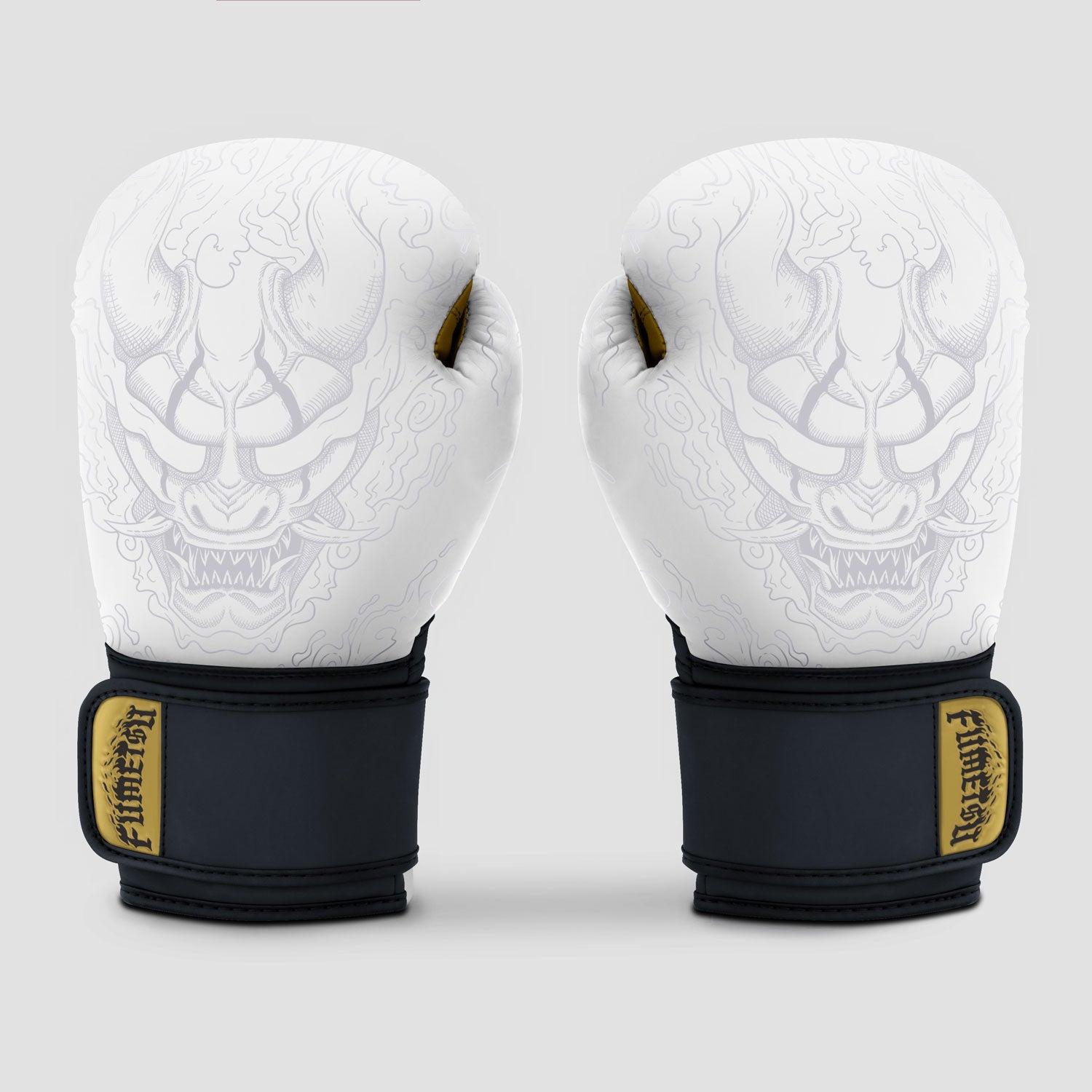 Fumetsu Oni Boxing Gloves White/Black/Gold from Made4Fighters
